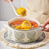 China Sustainable Floral Green Ceramic Pan Soup Bowl Set with Glass Cover and Pot Cover Type for sale