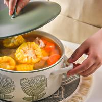 China Sustainable Floral Green Ceramic Pan Soup Bowl Set with Glass Cover and Pot Cover Type for sale