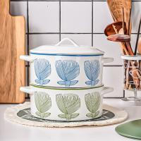 China Sustainable Floral Green Ceramic Pan Soup Bowl Set with Glass Cover and Pot Cover Type for sale