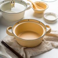 China 25oz Ceramic Baking Pan Porcelain Noodles Bowl Set With Handles And Grips Camping Occasion for sale