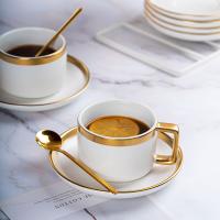 China Matte White Ceramic Porcelain Coffee Tea Cups Saucers Sets With Gold Handle 250ml Volume for sale