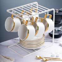 China Matte White Ceramic Porcelain Coffee Tea Cups Saucers Sets With Gold Handle 250ml Volume for sale
