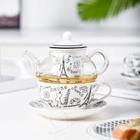 China Flower Design Stackable Glass Teapot Cup And Saucer Infuser Set For Mother'S Day for sale