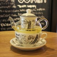 China Flower Design Stackable Glass Teapot Cup And Saucer Infuser Set For Mother'S Day for sale