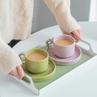 China Business Gifts Ceramic Tea Cup Set Nordic Porcelain Coffee Cup And Saucer With Silver Grip for sale
