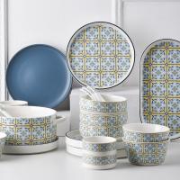 China Light Blue Bohemia Ceramic Dinnerware Set Porcelain Kitchen Tabletop Stoneware Dinner Set Turkish for sale