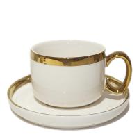China 250ml Ceramic Cappucinno Cup And Saucer Set With Gold Rim Luxury Porcelain Coffee Mug for sale
