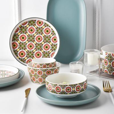 China Under Glazed Technique 72 Pcs Bohemian Ceramic Dinnerware Set With Red And Blue Decal for sale