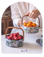 China Flower Design Bamboo Handle Ceramic Fruit Plates For Party Occasion Serving Bowl for sale