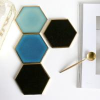 China Luxury Custom Ceramic Coasters Hexagon Glass Wine Cup Pad Gold Rim Mat Waterproof Heat Insulated for sale
