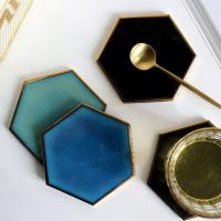 China Luxury Custom Ceramic Coasters Hexagon Glass Wine Cup Pad Gold Rim Mat Waterproof Heat Insulated for sale