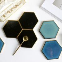 China Luxury Custom Ceramic Coasters Hexagon Glass Wine Cup Pad Gold Rim Mat Waterproof Heat Insulated for sale