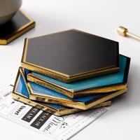 China Luxury Custom Ceramic Coasters Hexagon Glass Wine Cup Pad Gold Rim Mat Waterproof Heat Insulated for sale