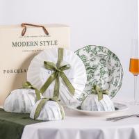 China Green Floral Ceramic Plates Sets For 6 Users Exquisite Porcelain Utensils Included for sale