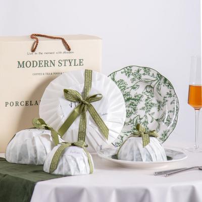 China Green Floral Ceramic Plates Sets For 6 Users Exquisite Porcelain Utensils Included for sale