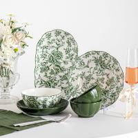 China Green Floral Ceramic Plates Sets For 6 Users Exquisite Porcelain Utensils Included for sale