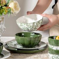 China Green Floral Ceramic Plates Sets For 6 Users Exquisite Porcelain Utensils Included for sale