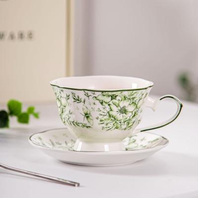 China Business Gifts Occasion Ceramic Green Floral Bone Tea Cup Set With Saucer And Coffee Mug for sale