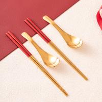 China Party Essential Stainless Steel Gold Spoon Set With Red Chopsticks Chinese Style for sale