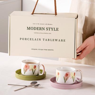 China Customized Logo Flower Design Ceramic Tea Cup And Saucer Set For Restaurant For Afternoon Tea 200ml for sale