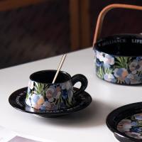 China Black Ceramic Coffee Cups With Saucer And Dessert Plate Flower Design Latte Art Cups for sale