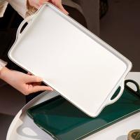 China Ramadan Ceramic Tray With Gold Rim Handles Handpainted Eid Al Fitr Porcelain Plate for sale