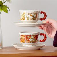 China Business Gifts Ceramic Floral Cup Set Gift Box Porcelain Irregular Mug And Saucer White for sale