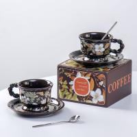 China Eco Friendly Drinkware Ceramic Tea Cup Set Gift Box With Brown Porcelain Flower Design for sale