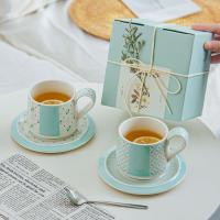 China Simple Blue Ceramic Cup And Saucer Set For Cappuccino Or Tea In Europe Design for sale