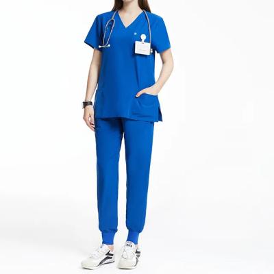 China Custom Logo Fashion Srubs Medical Scrubs Uniform Suit V Neck Solid Nursing Set Tops Women's Medical Nurse Uniform Scrub Suit for sale