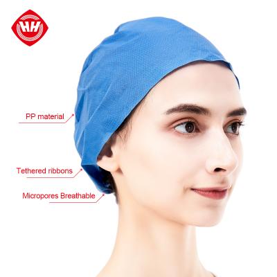 China Hubei Haixin Non Woven Nurse Caps Class I Blue Medical Cap Tie Disposable Headgear Headscarf Doctor Hairnet Medical Head Cover for sale
