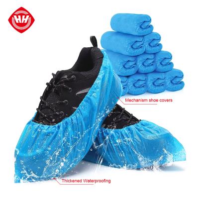 China Hubei Haixin Disposable Blue CPE Indoor Shoe Covers Waterproof Nonslip Shoe Cap Blue Plastic Automatic Shoe Cover Wholesale for sale