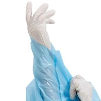 China 68g Light Blue CPE Isolation Gown with Thumb Loop Design for Medical Protection for sale