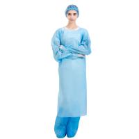 China 68g Light Blue CPE Isolation Gown with Thumb Loop Design for Medical Protection for sale