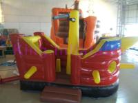 China Colorful CE Inflatable Forest Shuttle Bus Dry Slide 0.55mm Plato PVC pirate ship slide for sale