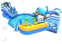China Fire Retardant Commercial Blue Shark portatble Blow Up Water Park With Slide and giant pool for sale