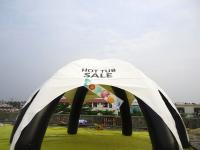 China 10m Span Inflatable Airtight Spider Event Tent Black PVC Frame Posts With White Printed Roof for sale