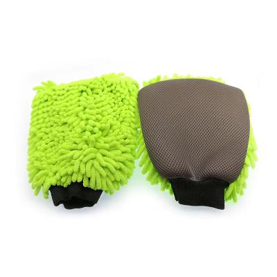 China Auto Cleaning Single Sided Green Microfiber Chenille Car Wash Mitt Gloves 24.8x19cm for sale