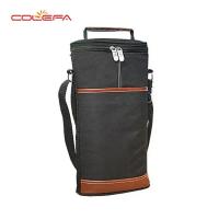 China Custom Black Carry 2 Bottle Packing Polyester Thermal Collapsible Wine Bottle Carrier Cooler Bag With Dividers for sale
