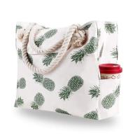 China Custom Printed Waterproof Stripe Cotton Canvas Beach Bag With Grommet Rope Handle for sale