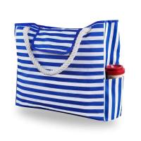 China Custom Printed Waterproof Stripe Cotton Canvas Beach Bag With Grommet Rope Handle for sale