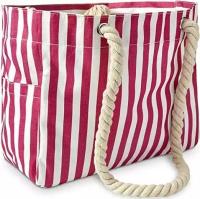 China Custom Printed Waterproof Stripe Cotton Canvas Beach Bag With Grommet Rope Handle for sale