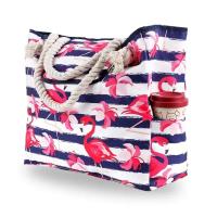 China Custom Printed Waterproof Stripe Cotton Canvas Beach Bag With Grommet Rope Handle for sale
