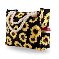 China Custom Printed Waterproof Stripe Cotton Canvas Beach Bag With Grommet Rope Handle for sale