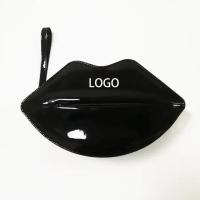China Custom Logo Hard PU Leather Lip Shaped Makeup Pouch Purple Pink Cosmetic Lip Bag for sale