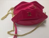 China Custom Logo Hard PU Leather Lip Shaped Makeup Pouch Purple Pink Cosmetic Lip Bag for sale