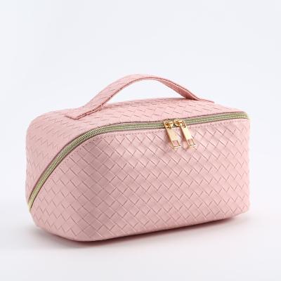 China Korean-Style Fashion Large Capacity Makeup Bag High-Quality PU Leather Woven Storage Pouch Multifunctional Cosmetic Bag for sale