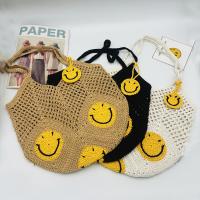 China Smiley Face Openwork Cotton Yarn Knit Bag Summer Large Capacity Women's Tote Bag Vacation Crochet Single-Shoulder Mesh Tote for sale