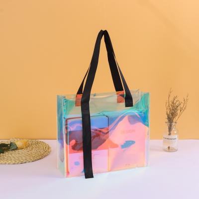 China Premium PVC Handled Bags with Laser effect Customizable Shopping Bags with Logo Printing Waterproof TPU Iridescent Jelly Bags for sale