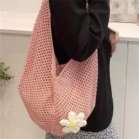 China Korean Style 2026 New Arrival Vacation Knit Bag Women's Shoulder Tote Bag Lazy Style Knit Openwork Floral Decoration Beach Bag for sale